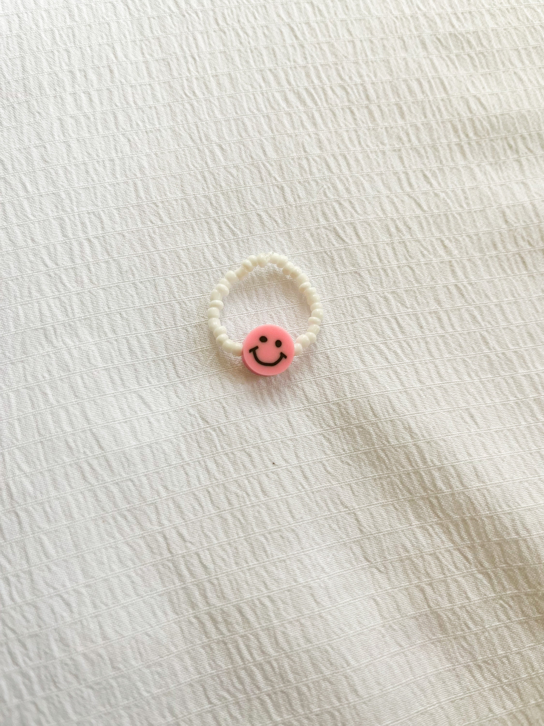 Smiley Face Pink Beaded Ring in Gold, White, & Clear Preppy Smiley Face ...