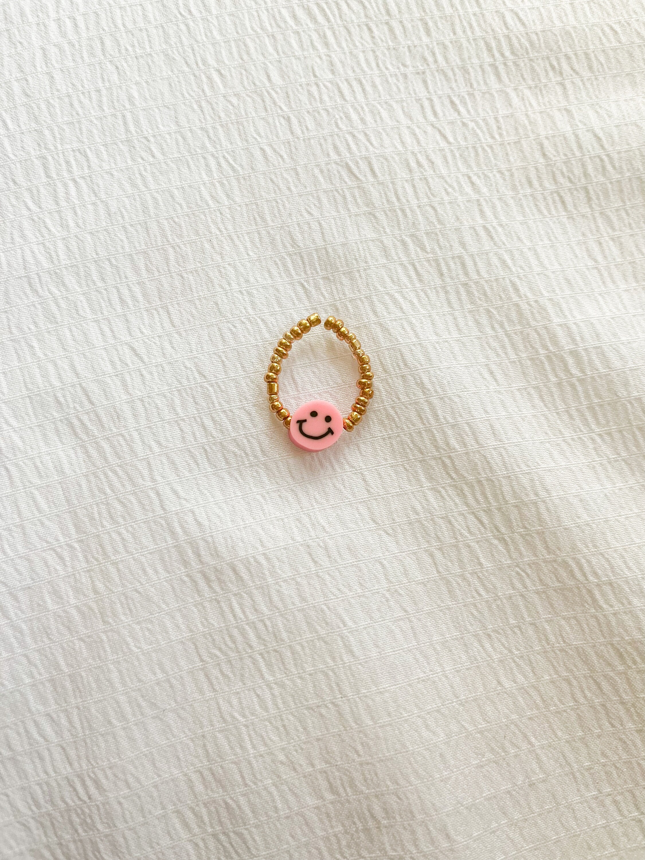 Smiley Face Pink Beaded Ring in Gold, White, & Clear - Preppy Smiley ...
