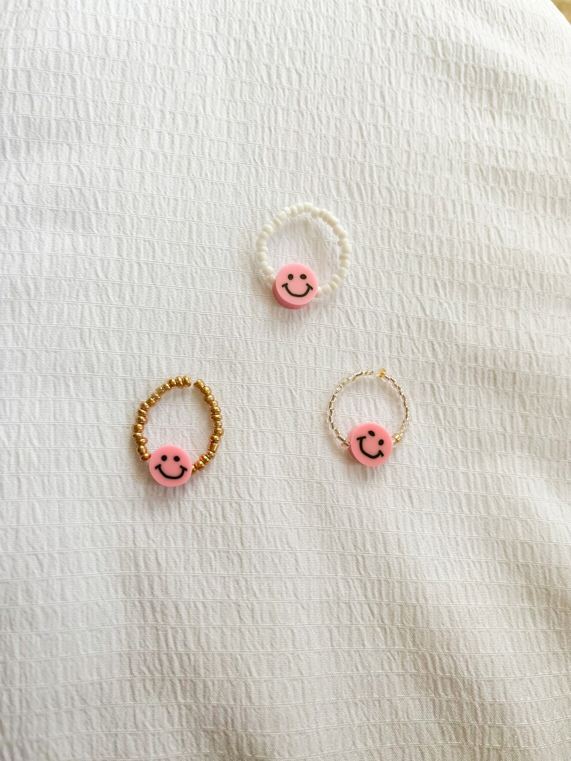 Smiley Face Pink Beaded Ring in Gold, White, & Clear - Preppy Smiley ...