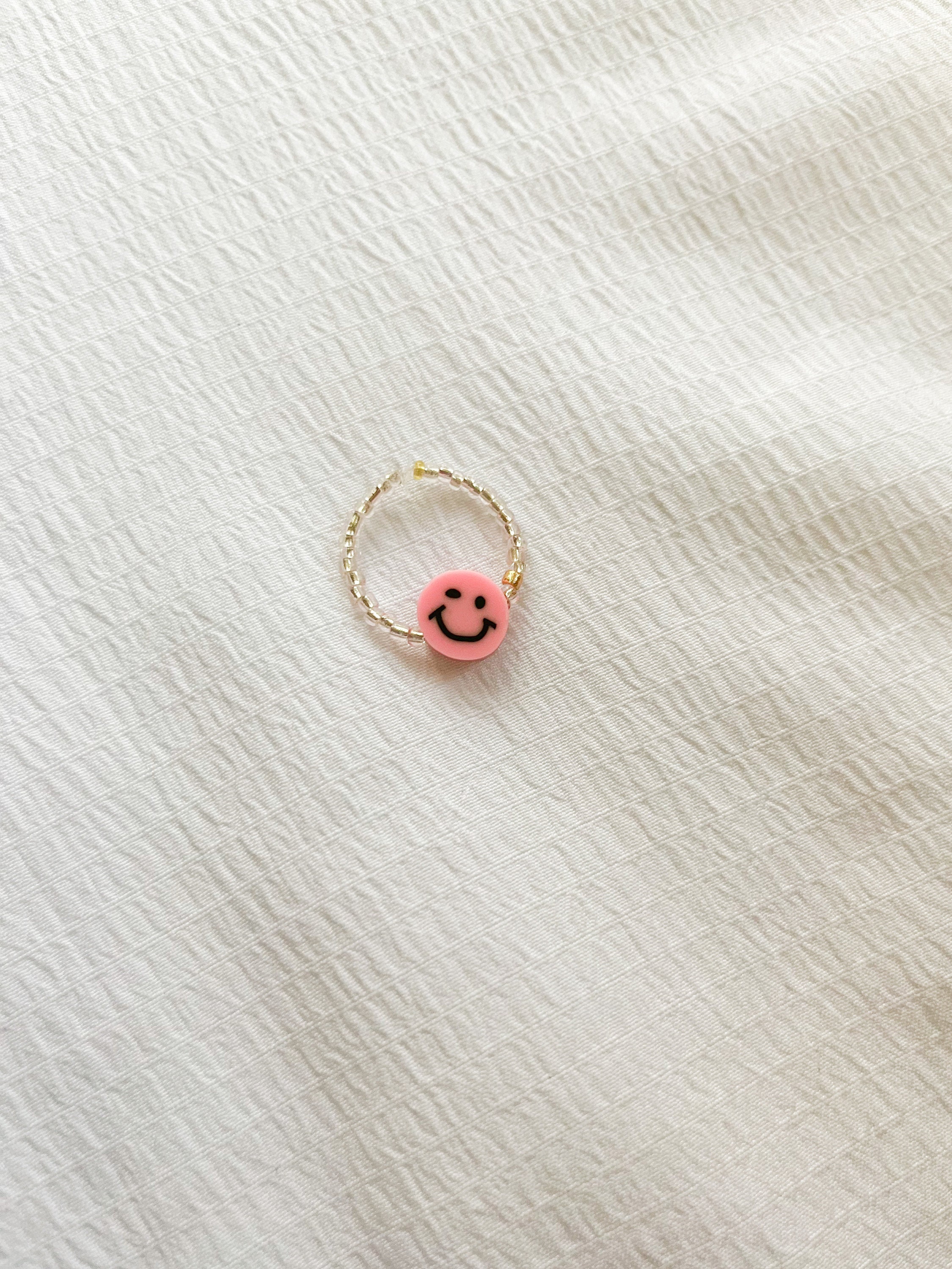 Smiley Face Pink Beaded Ring in Gold, White, & Clear - Preppy Smiley ...
