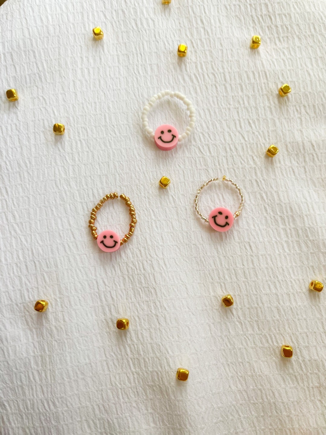 Smiley Face Pink Beaded Ring in Gold, White, & Clear - Preppy Smiley ...