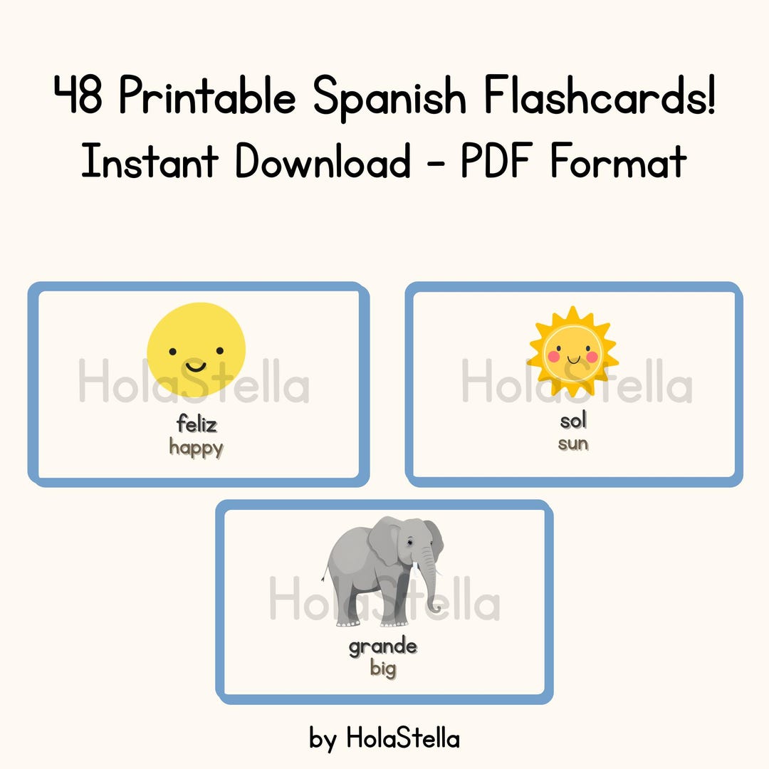 Printable Spanish Flashcards for Kids – 48 Basic Words With Pictures ...