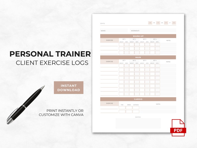 Printable Workout Forms: Personal Trainer Client Exercise Logs (PDF ...