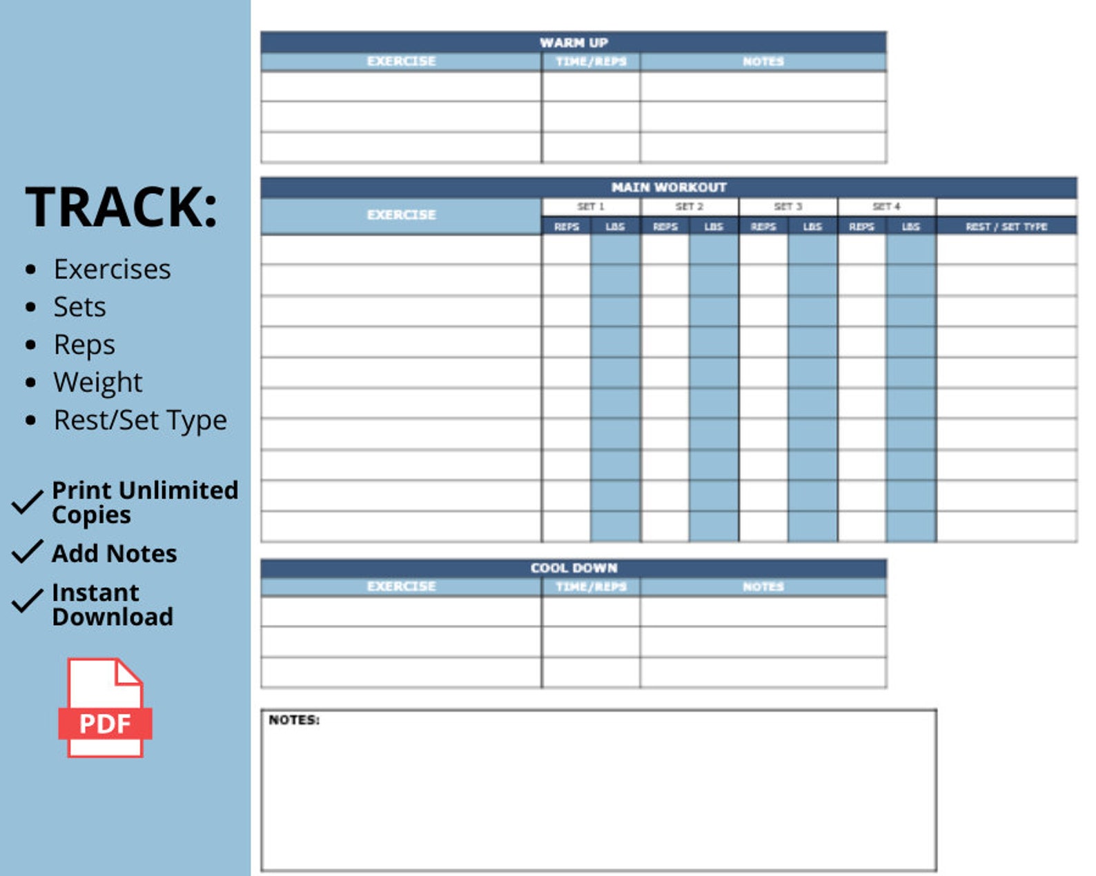 Printable Workout Tracker for Personal Training / Exercise Log ...