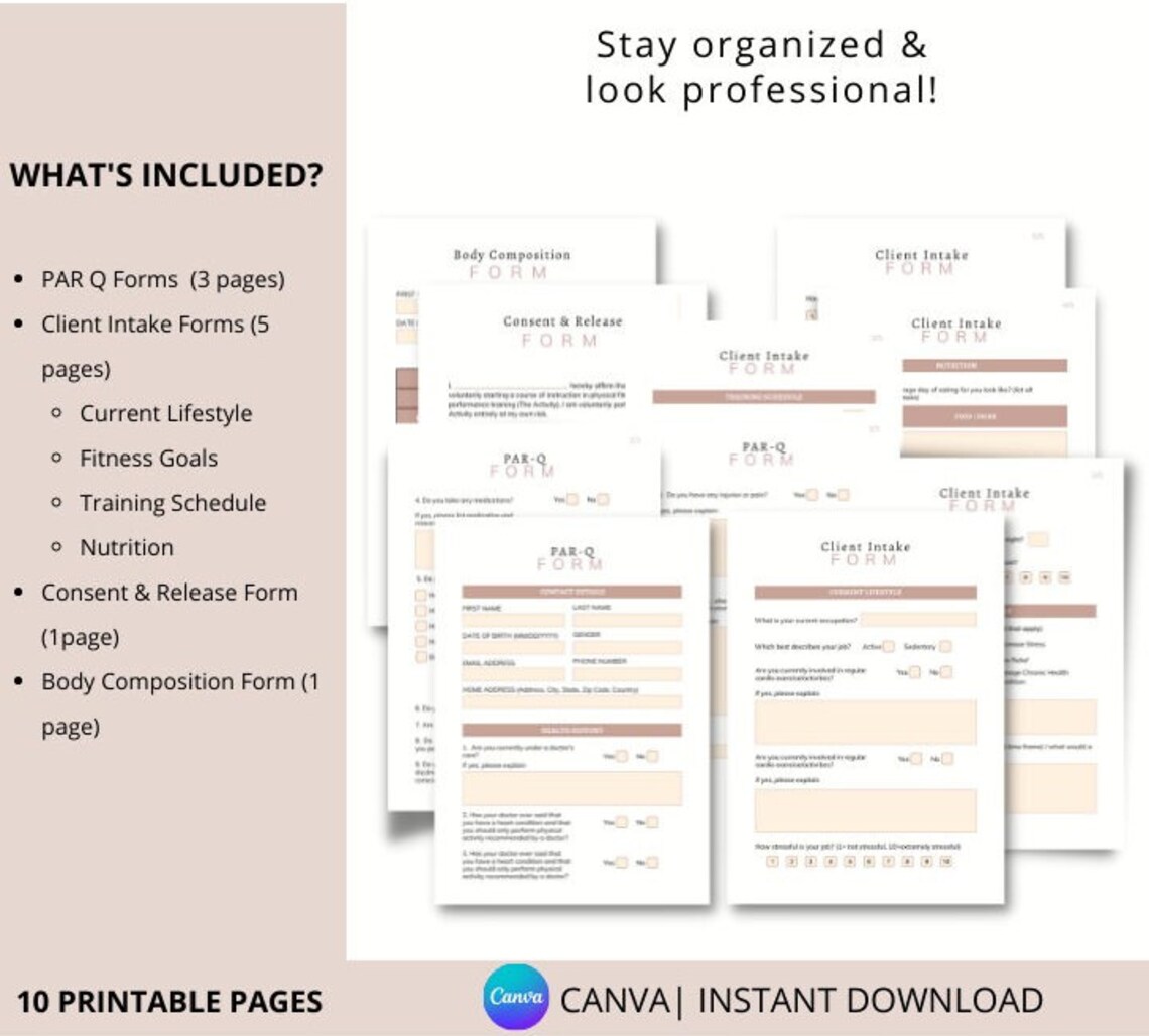 Personal Trainer Forms for Clients, Onboarding Intake Templates, Par Q ...