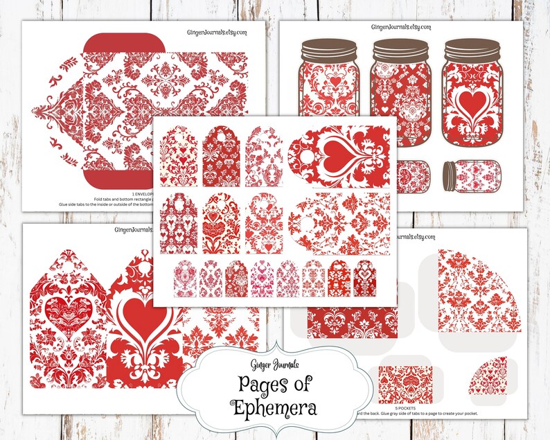 Love Red Damask Junk Journal Kit, Red Ephemera, Junk Journal Printable ...