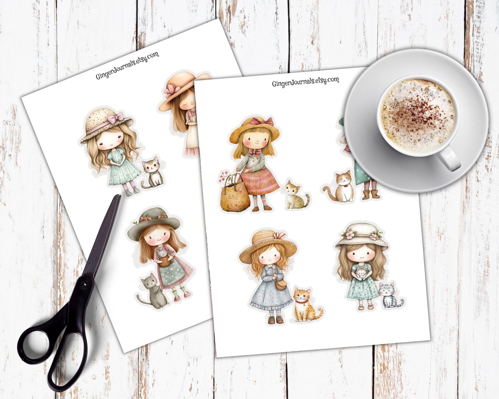 Girls With Cats Fussy Cuts, Cute as A Button, Junk Journal Kit, Cat ...