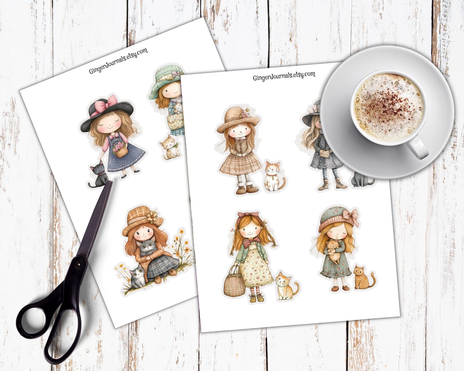 Girls With Cats Fussy Cuts, Cute as A Button, Junk Journal Kit, Cat ...