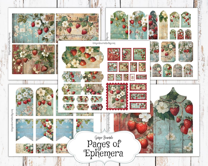 Shabby Barnwood Strawberries Ephemera Kit, Junk Journal Kit, Printable ...