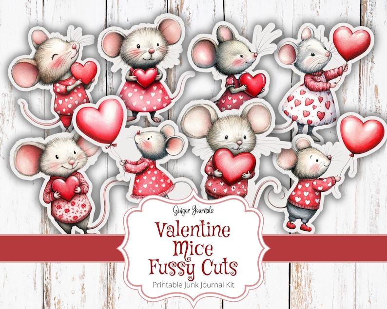 Valentine Mice Fussy Cuts, Valentines Animals, Junk Journal Kit, Junk ...