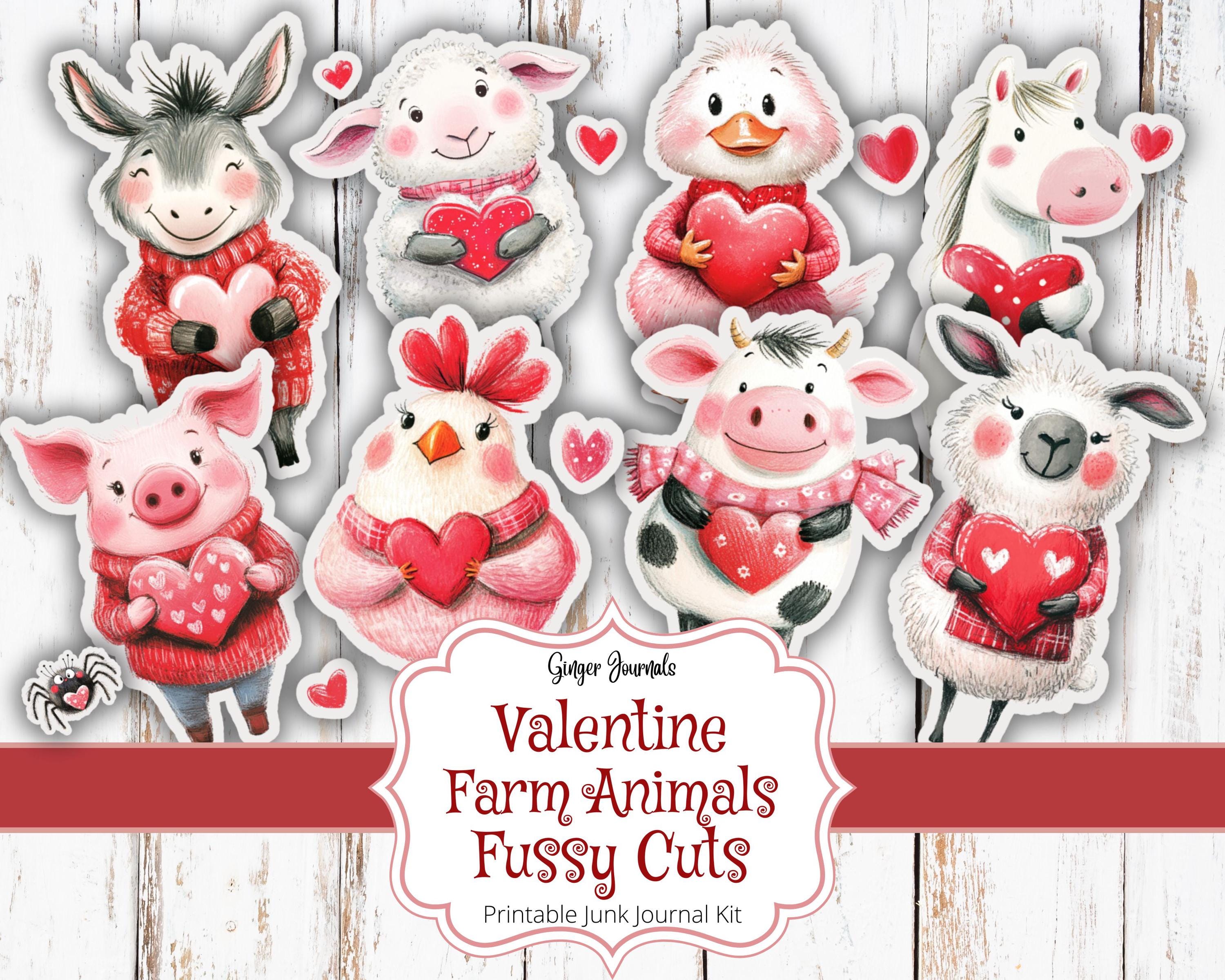 Valentine Farm Animals Fussy Cuts, Valentines Animals, Junk Journal Kit ...