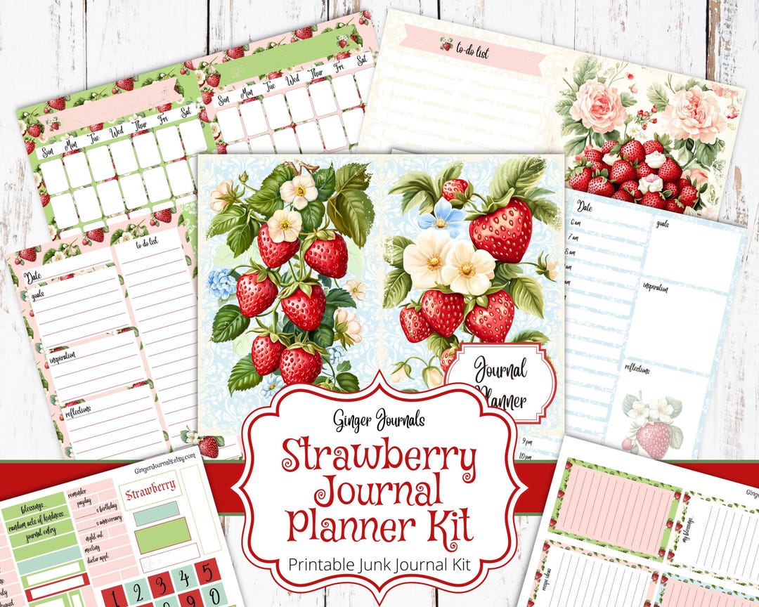 Strawberry Any Month Journal Planner, Junk Journal Kit, Strawberries ...