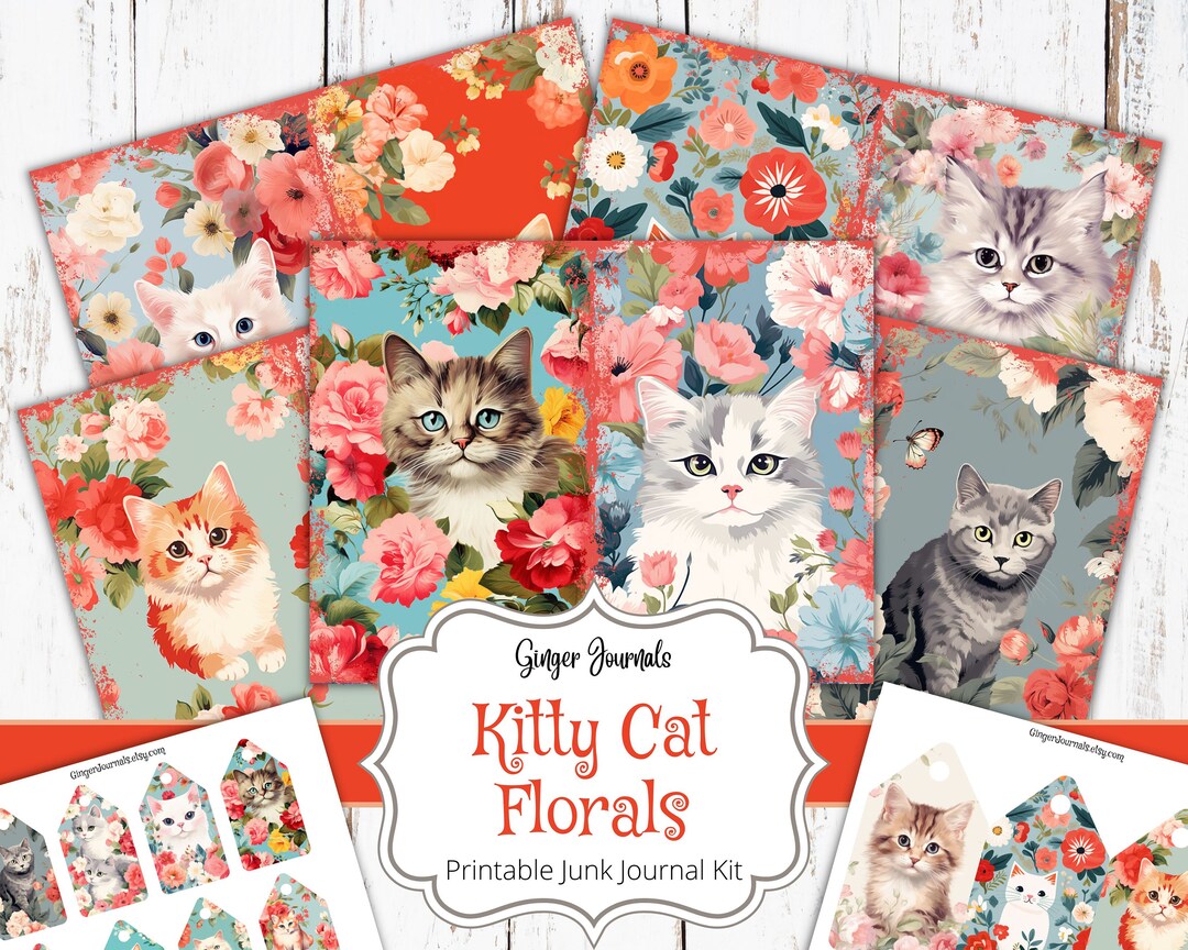 Kitty Cat Florals Junk Journal Kit, Junk Journal Printable, Junk ...