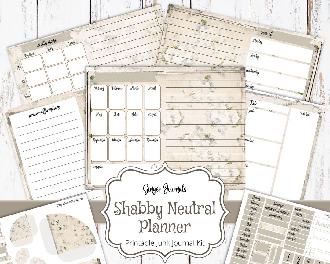 Shabby Neutral Planner Junk Journal Kit, Weekly Planner, Month Planner ...
