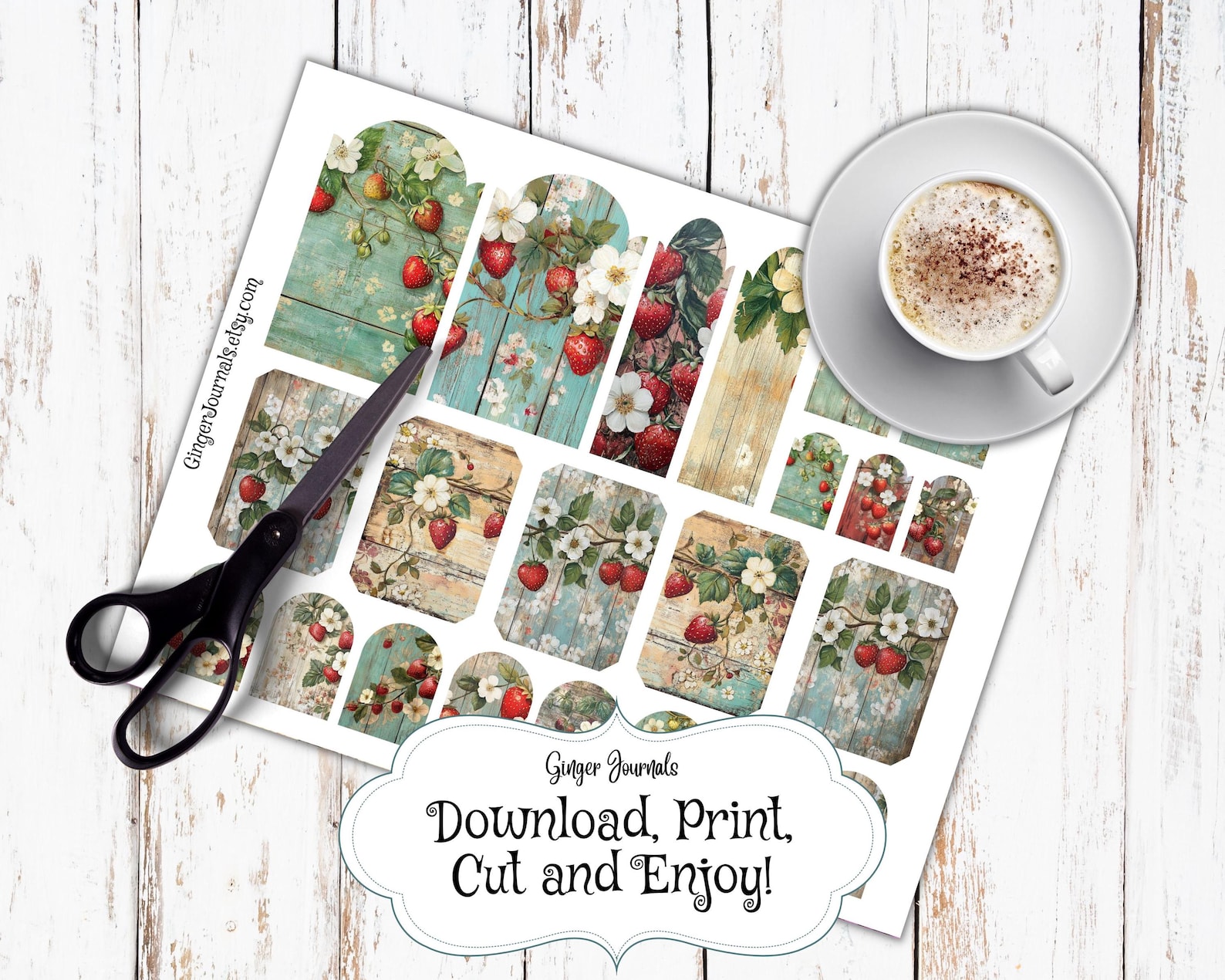 Shabby Barnwood Strawberries Ephemera Kit, Junk Journal Kit, Printable ...