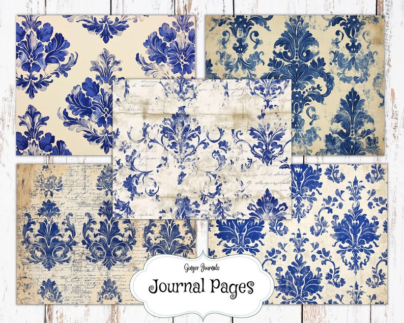 Shabby Damask Junk Journal Kit, Cobalt Blue and Cream, Blue Ephemera ...