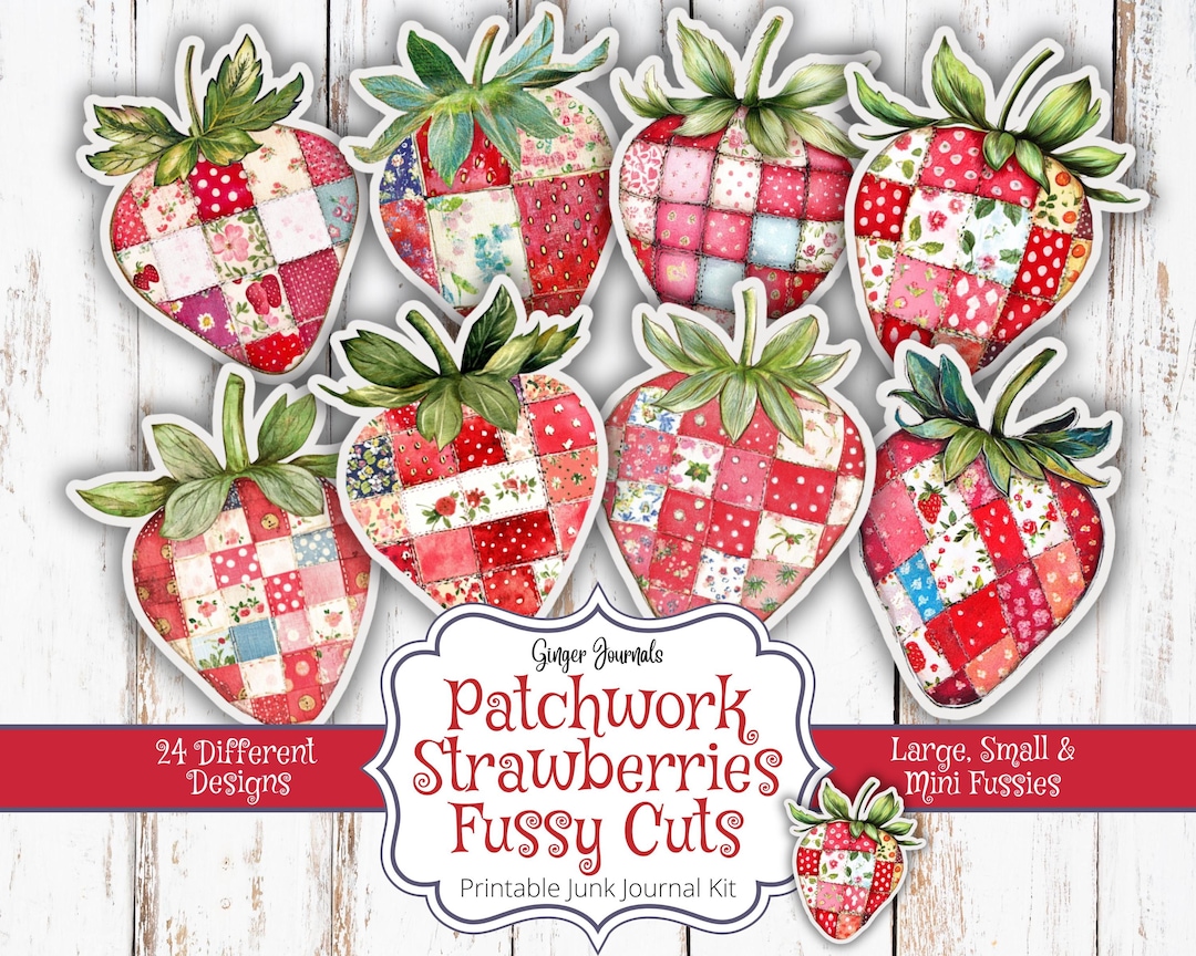 Patchwork Strawberries Fussy Cuts, Junk Journal Kit, Junk Journal Printable, Strawberry Tags ...