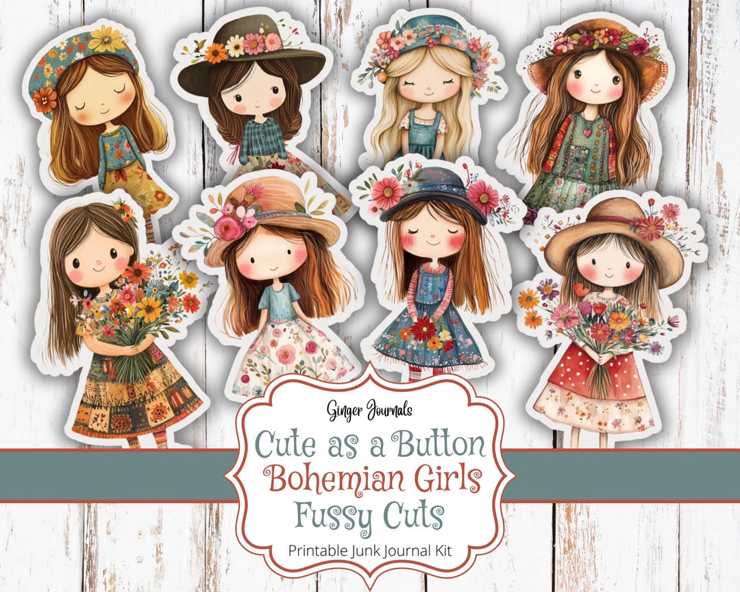 Bohemian Girls Fussy Cuts, Cute as A Button, Junk Journal Kit, Boho ...