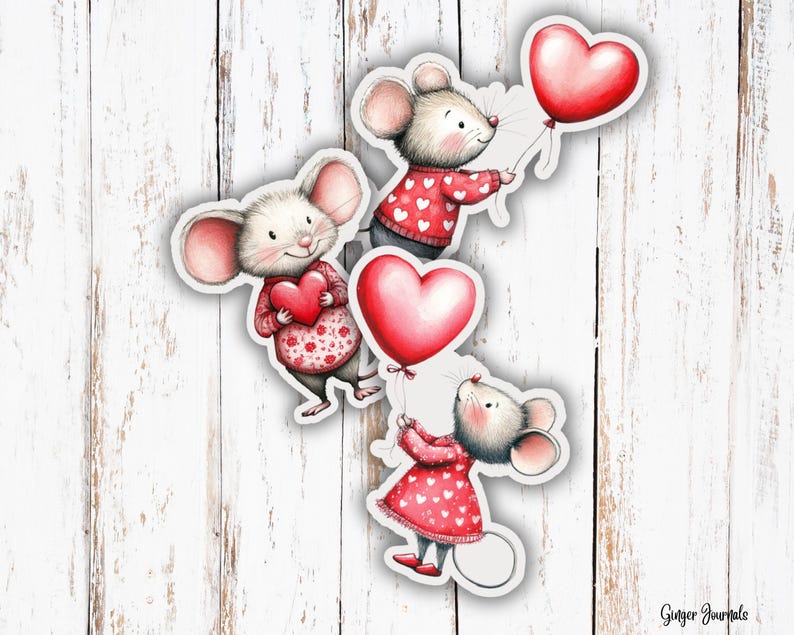 Valentine Mice Fussy Cuts, Valentines Animals, Junk Journal Kit, Junk ...