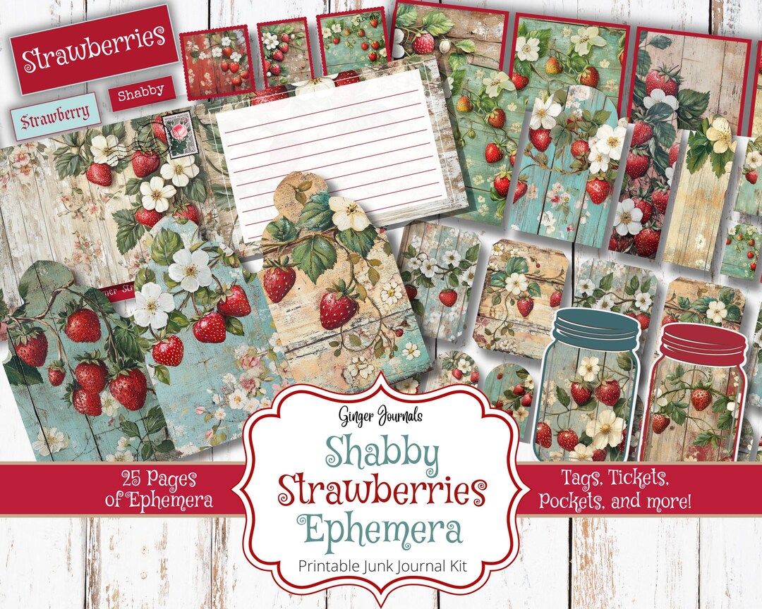 Shabby Barnwood Strawberries Ephemera Kit, Junk Journal Kit, Printable ...