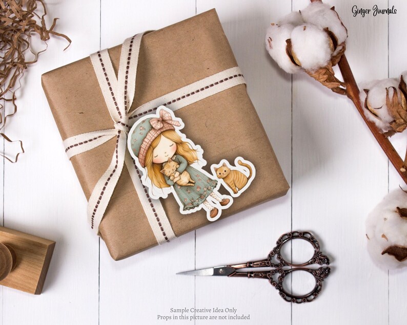 Girls With Cats Fussy Cuts, Cute as A Button, Junk Journal Kit, Cat ...