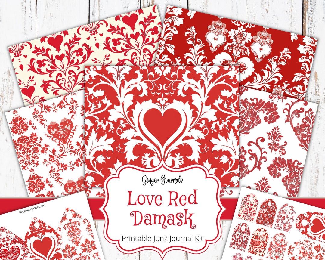 Love Red Damask Junk Journal Kit, Red Ephemera, Junk Journal Printable ...