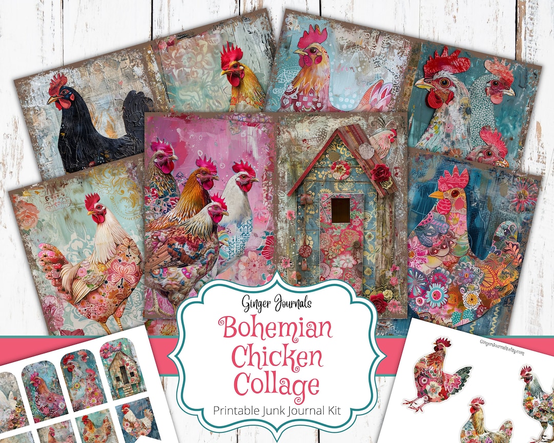Bohemian Chicken Collage Junk Journal Kit, Ephemera, Junk Journal ...