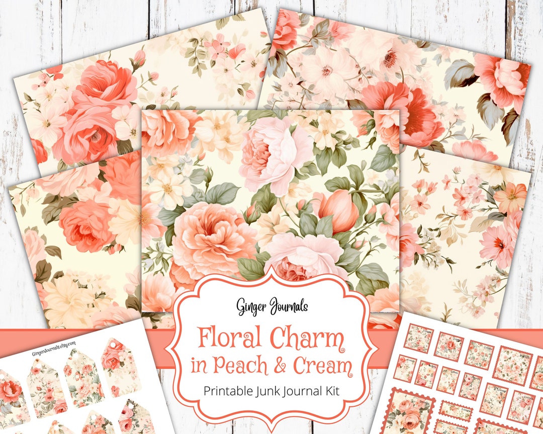 Peach and Cream Floral Junk Journal Kit, Floral Ephemera, Junk Journal ...