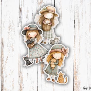 Girls With Cats Fussy Cuts, Cute as A Button, Junk Journal Kit, Cat ...