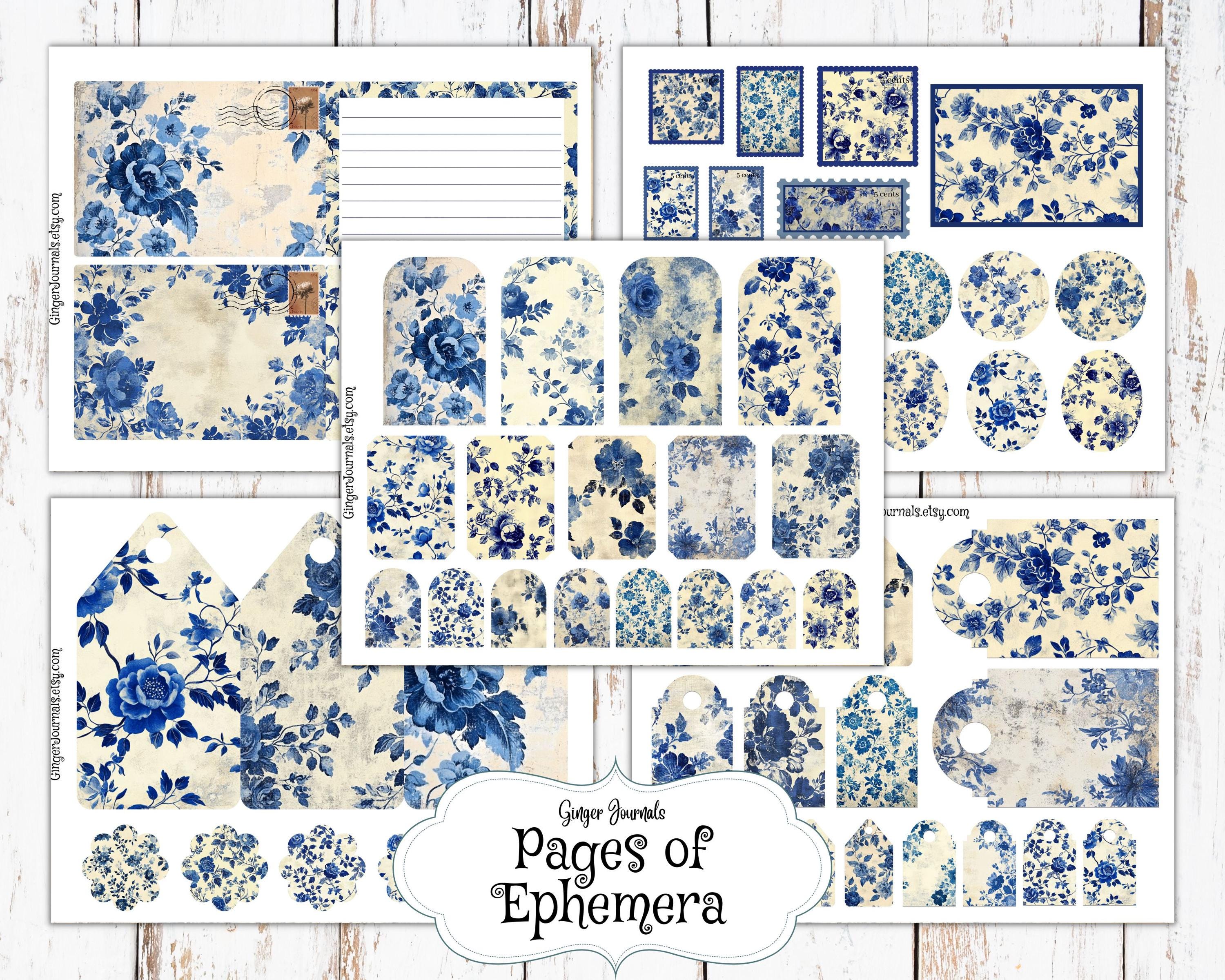 35 Page Floral Junk Journal Kit, Shabby Cobalt Blue and Cream, Ephemera ...