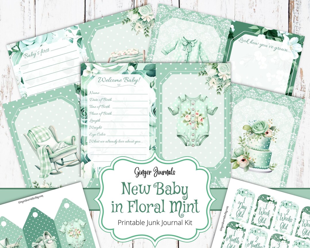 New Baby Junk Journal Kit, Mint Green Baby Journal, Junk Journal ...