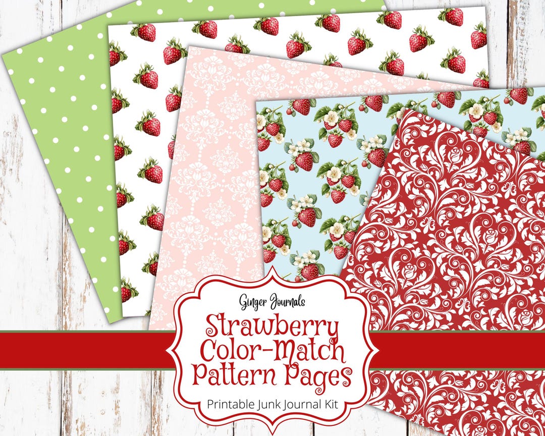 Strawberry Color-match Pattern Pages, Junk Journal Kit, Junk Journal ...