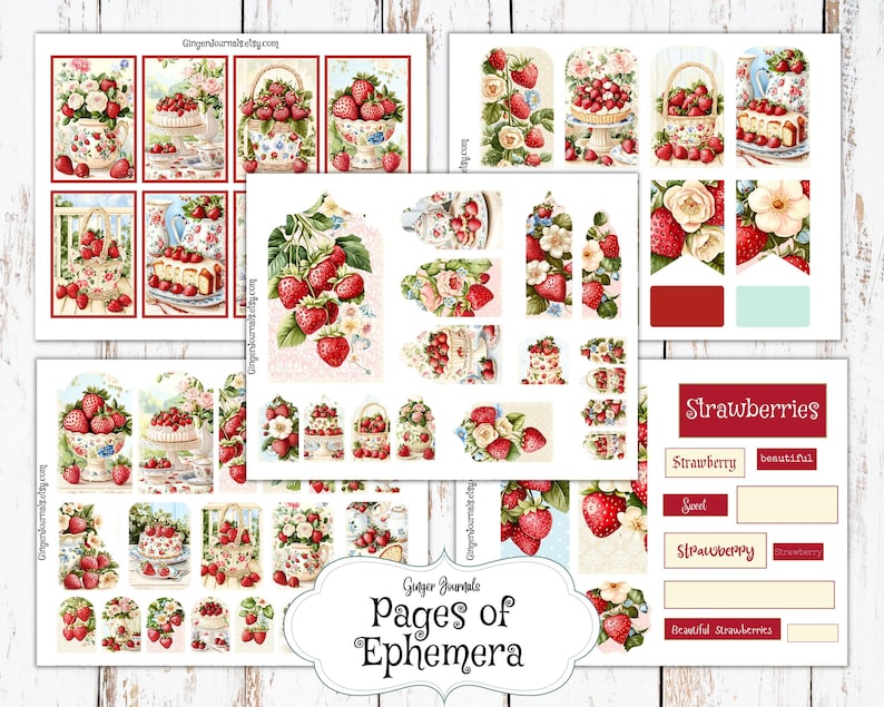 Beautiful Strawberries Ephemera Kit, Junk Journal Kit, Printable ...