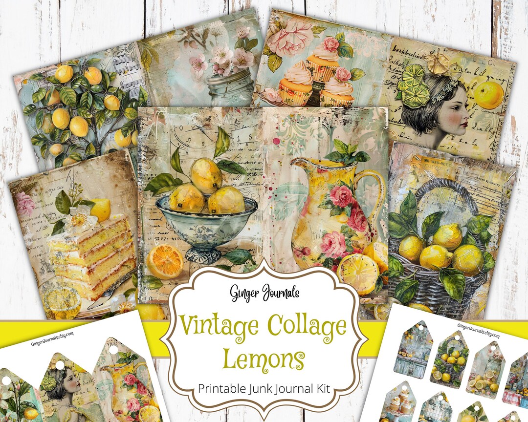 Vintage Collage Lemon Junk Journal Kit, Junk Journal Printable, Junk ...