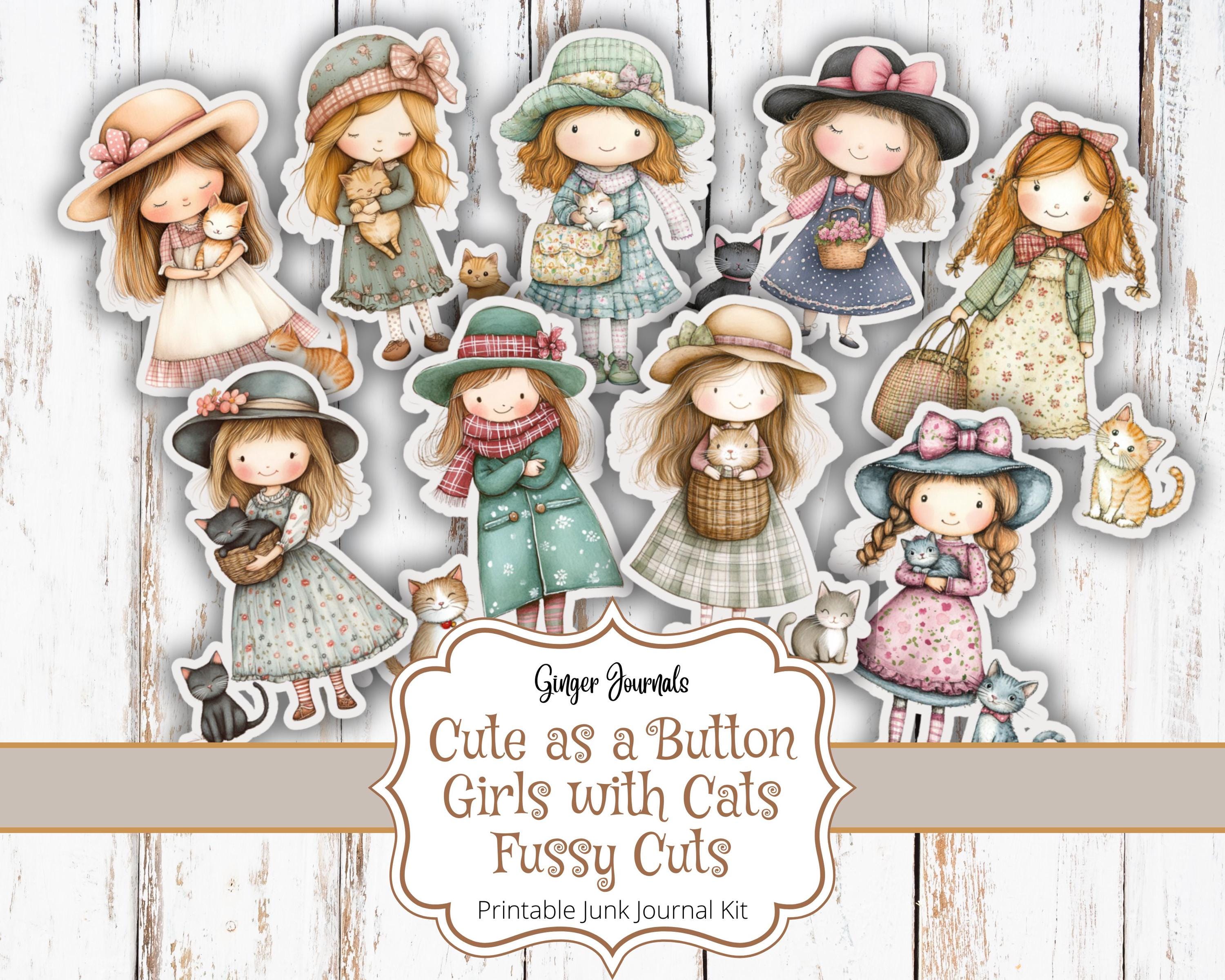 Girls With Cats Fussy Cuts, Cute as A Button, Junk Journal Kit, Cat ...