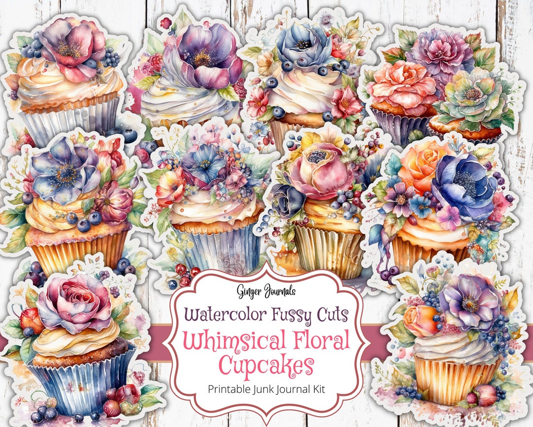 Whimsical Floral Cupcake Fussy Cuts, Junk Journal Kit, Junk Journal ...