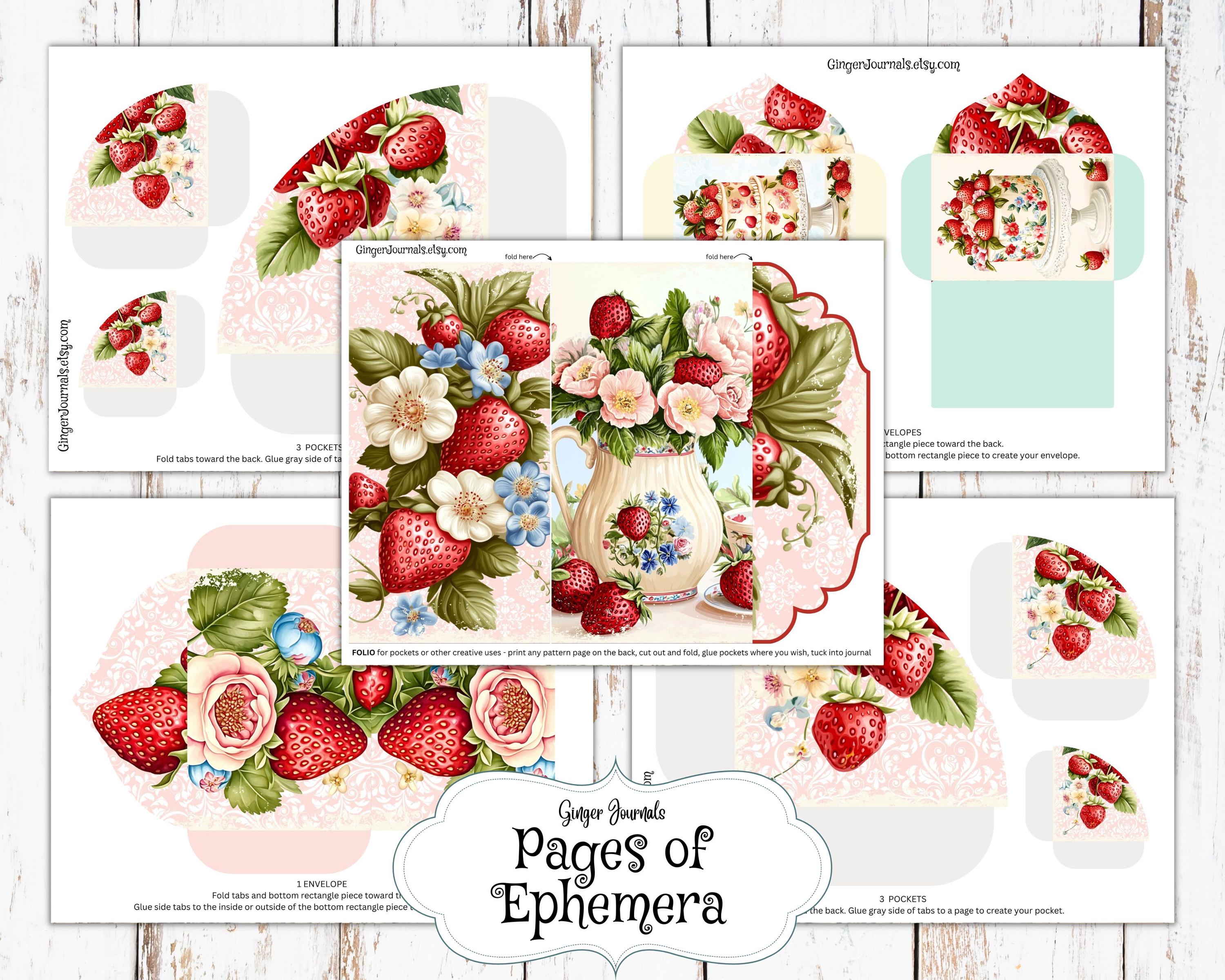 Beautiful Strawberries Ephemera Kit, Junk Journal Kit, Printable ...