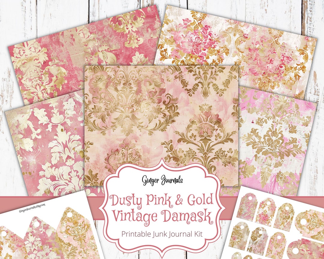Dusty Pink & Gold Vintage Damask Junk Journal Kit, Ephemera, Junk ...