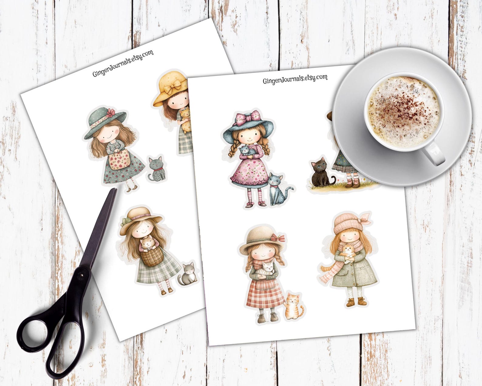 Girls With Cats Fussy Cuts, Cute as A Button, Junk Journal Kit, Cat ...