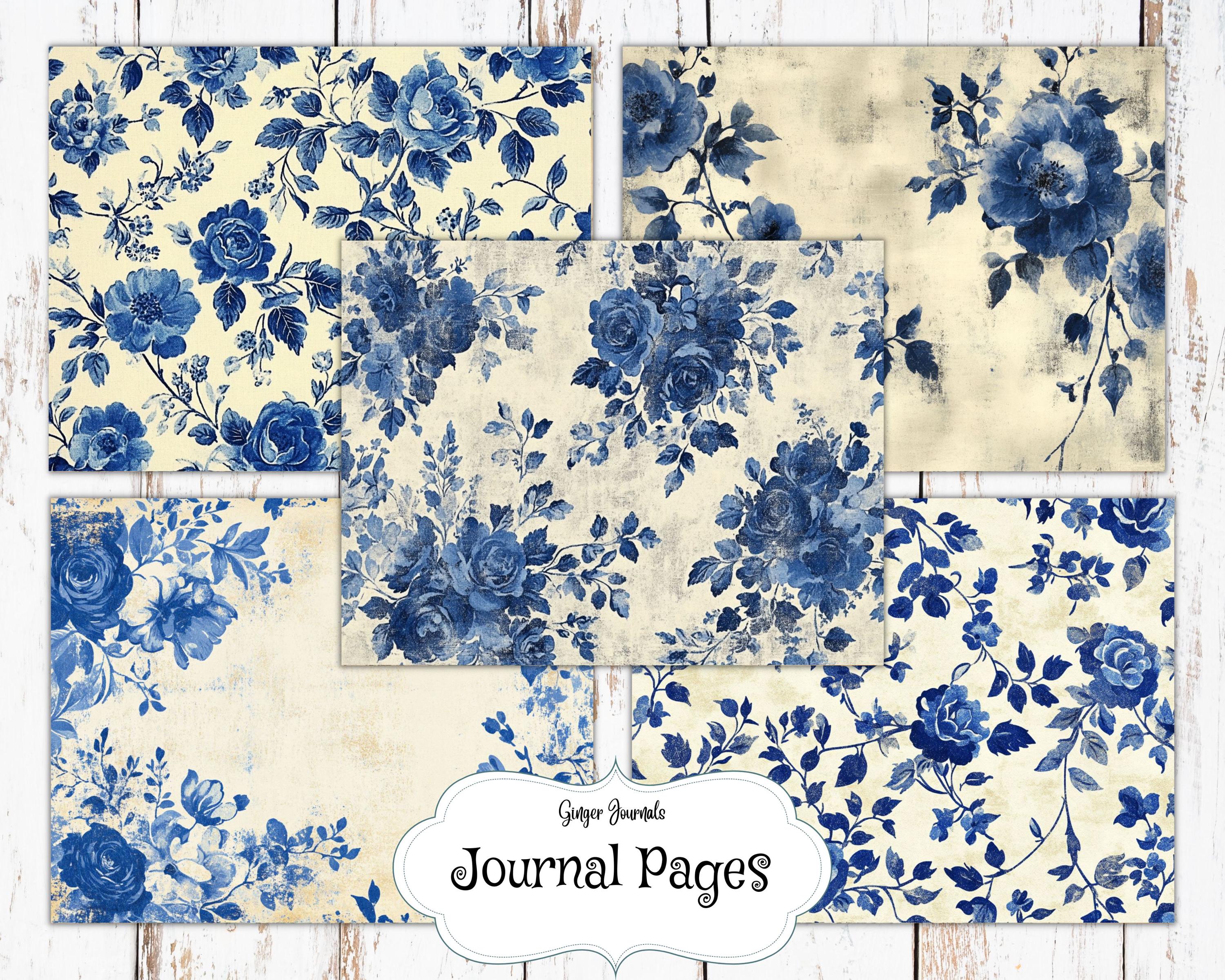 35 Page Floral Junk Journal Kit, Shabby Cobalt Blue and Cream, Ephemera ...