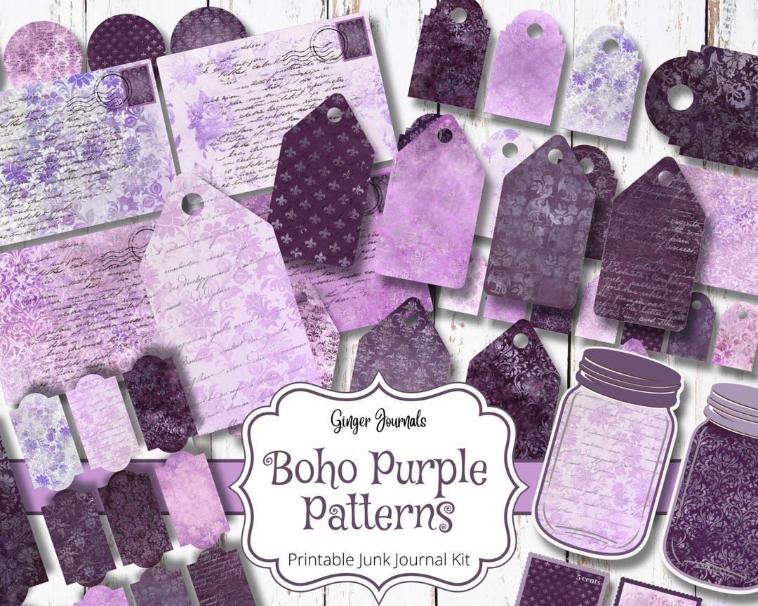 Boho Purple Patterns Junk Journal Kit, Junk Journal Printable, Journal ...
