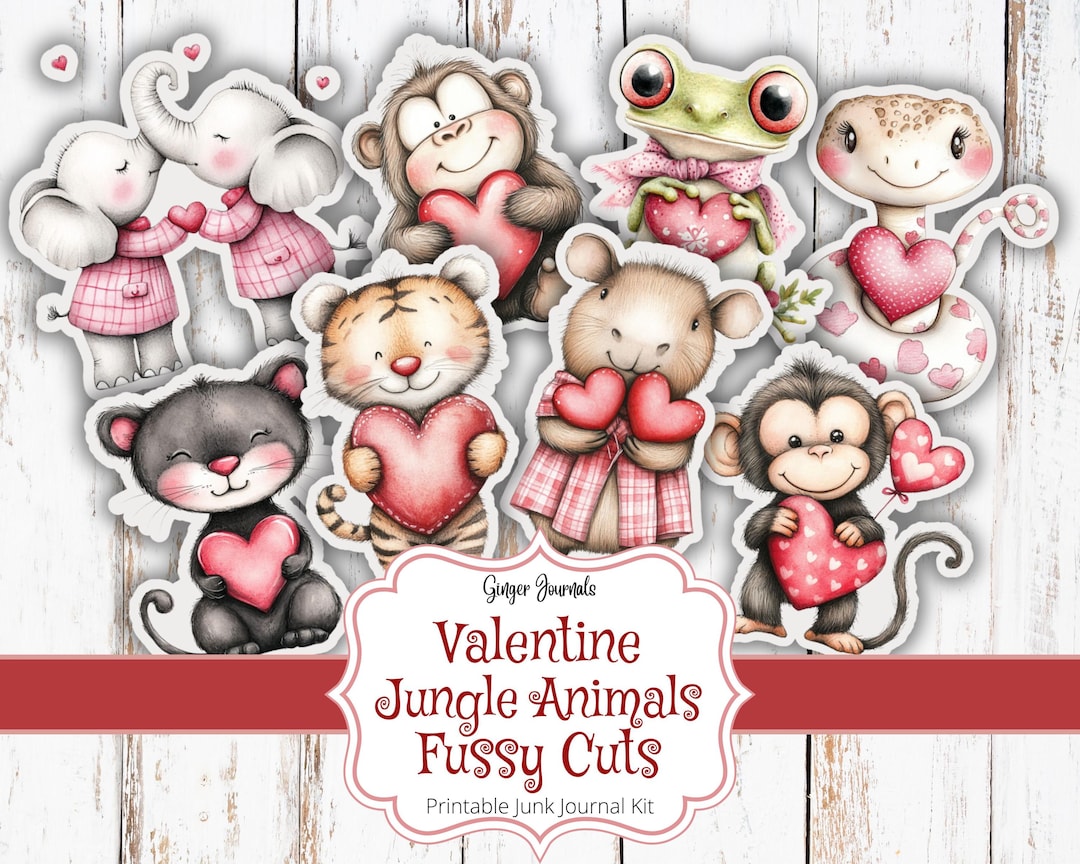 Valentine Jungle Animals Fussy Cuts, Valentines Animals, Junk Journal ...