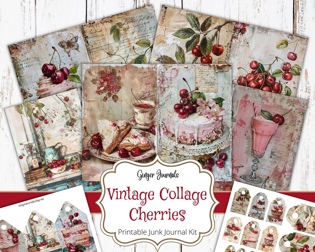 30 Page Vintage Collage Cherry Junk Journal Kit, Junk Journal Printable ...