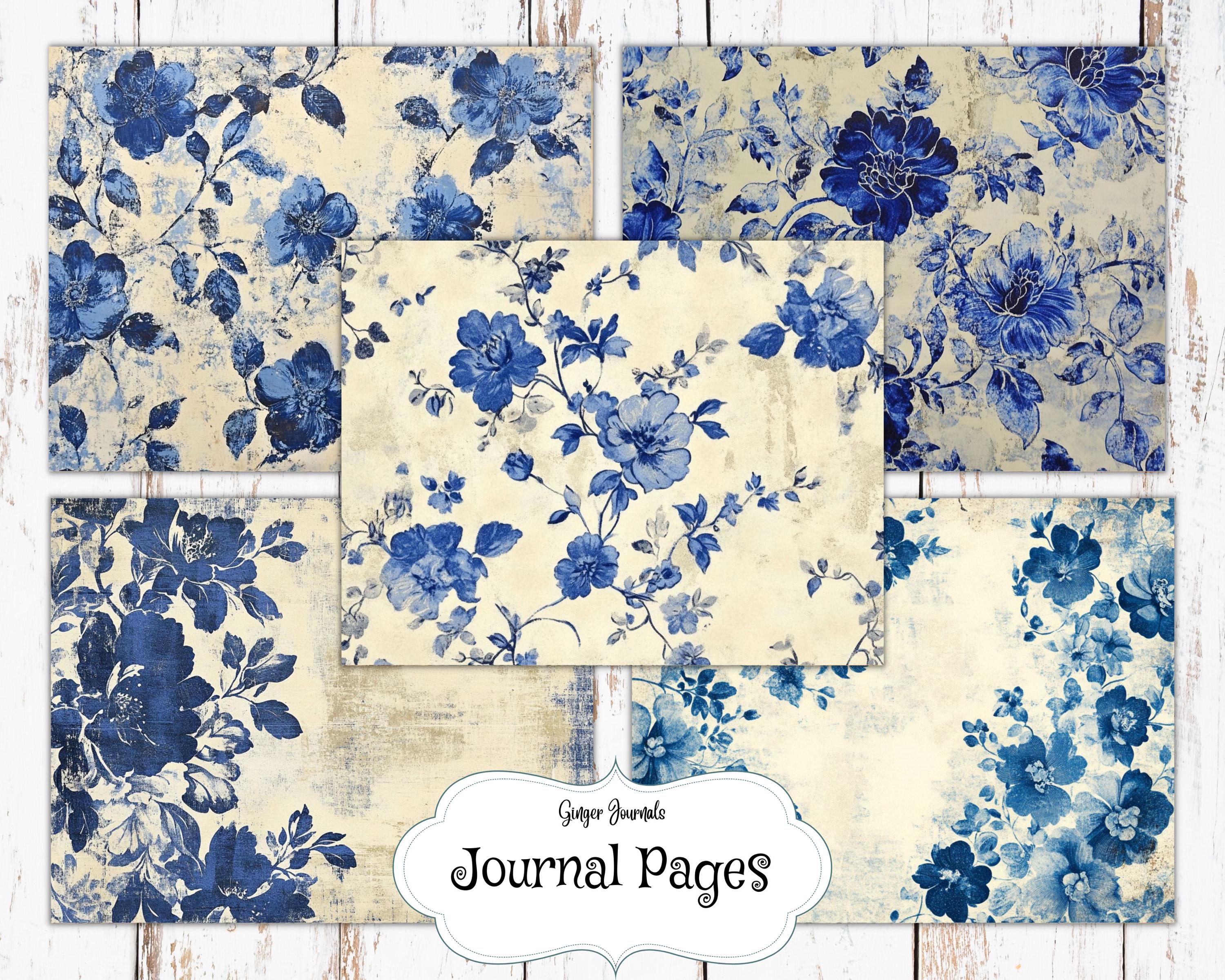 35 Page Floral Junk Journal Kit, Shabby Cobalt Blue and Cream, Ephemera ...