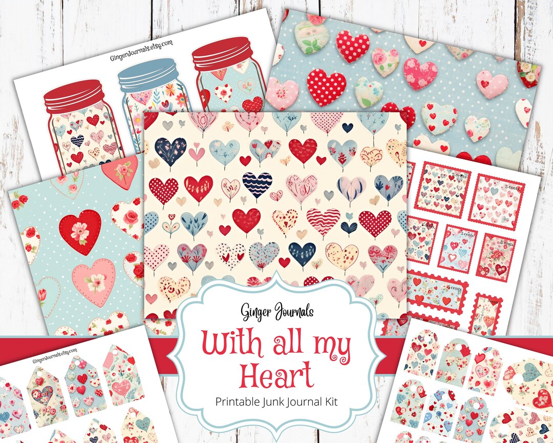 Hearts Junk Journal Kit, Valentine Junk Journal Ephemera, Junk Journal ...