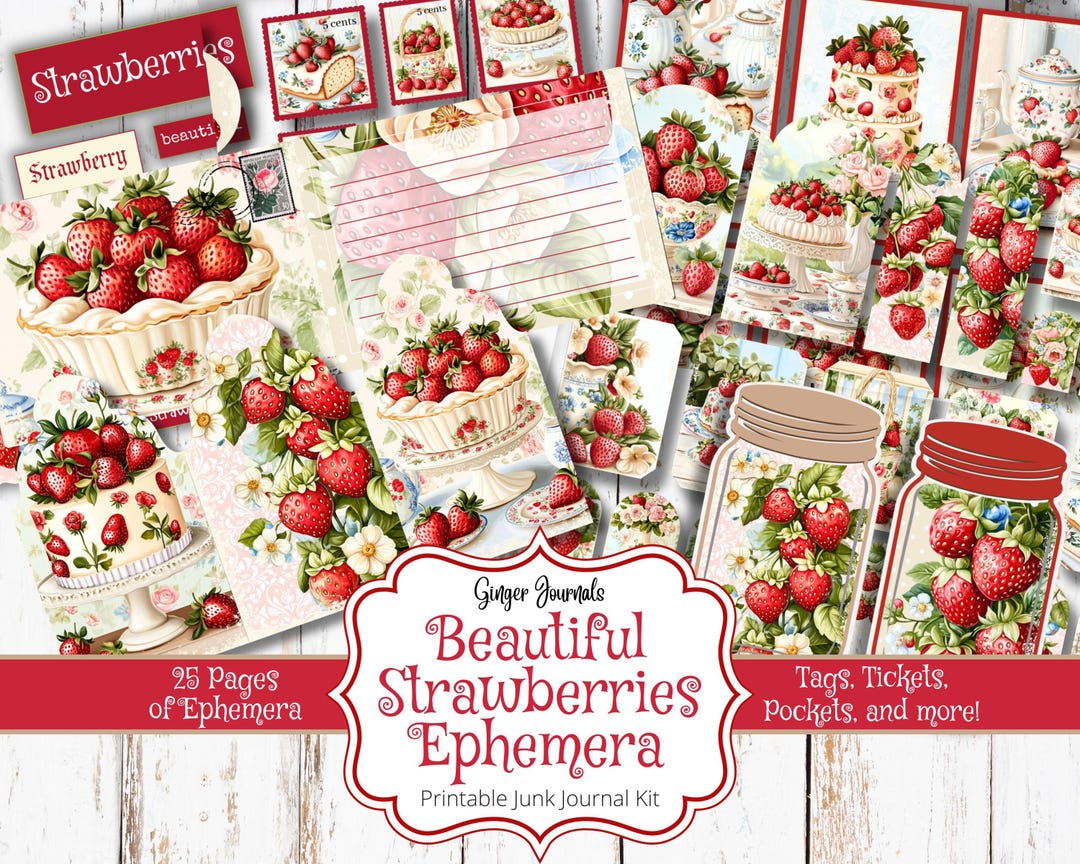 Beautiful Strawberries Ephemera Kit, Junk Journal Kit, Printable ...