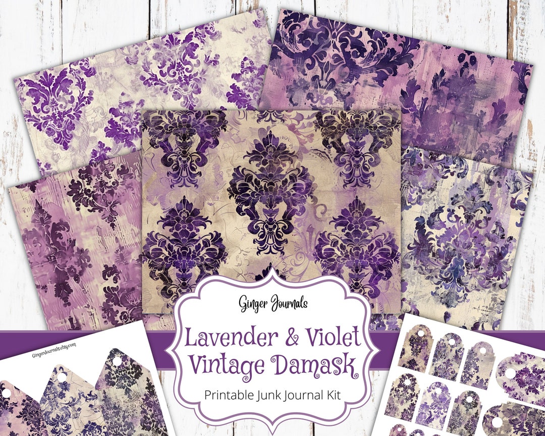 Lavender & Violet Vintage Damask Junk Journal Kit, Ephemera, Junk ...