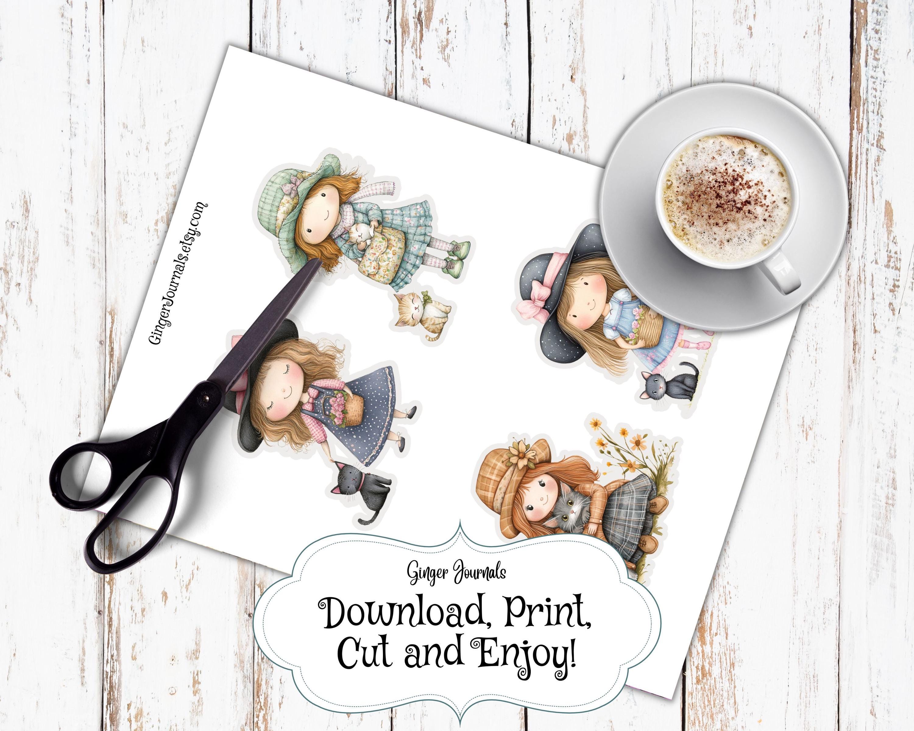 Girls With Cats Fussy Cuts, Cute as A Button, Junk Journal Kit, Cat ...