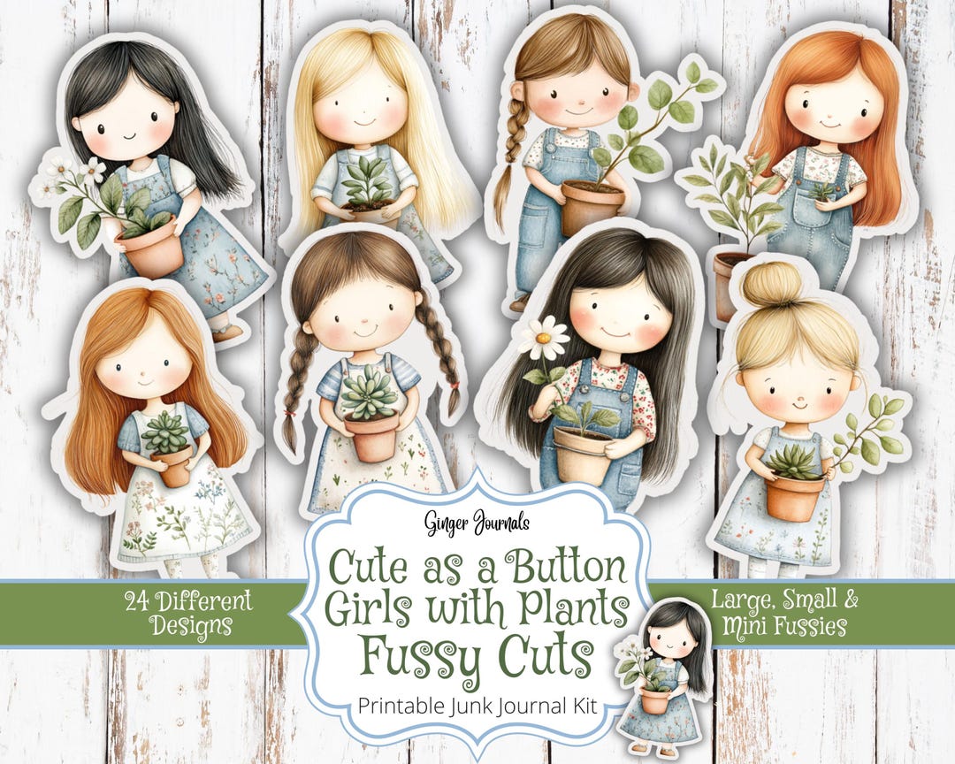Girls With Plants Fussy Cuts, Cute as A Button, Junk Journal Kit ...
