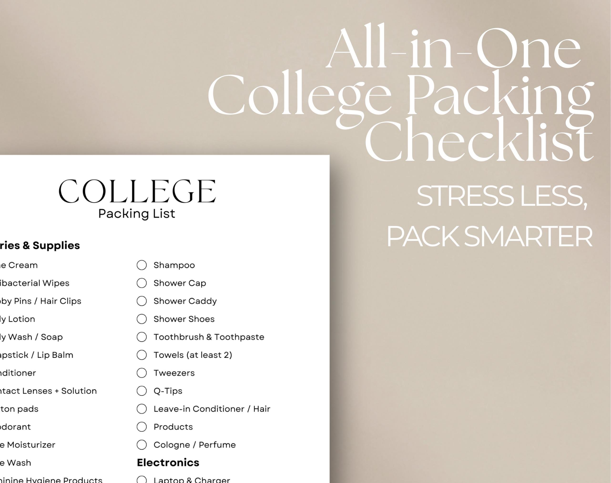 Printable College Dorm Checklist Template, First Year Packing List ...